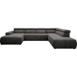 DOMO collection Wohnlandschaft &raquo;BRANDON belastbar bis 140 kg/Sitz, 359x228 cm, U-Form&laquo; mit Sitztiefenverstellung, Cord, grau grau Kunstleder SOFTLUX ;