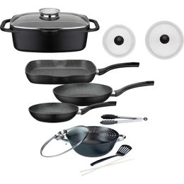 GSW Topf-Set &raquo;Gourmet&laquo; Set, 3-tlg. Pfannen-Set, 2 Glasdeckel, 1 Br&auml;ter, 1 Wok, 1 K&uuml;chenzange, 8 Stk. tlg. Aluminiumguss schwarz Einheitsgr&ouml;&szlig;e