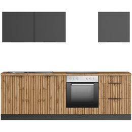 KOCHSTATION K&uuml;chenzeile &raquo;KS-Lagos2, Breite 240 cm&laquo; wahlweise mit E-Ger&auml;ten, mit 38mm starker Arbeitsplatte grau B/H/T: 240cm x 200cm x 60cm, ohne E-