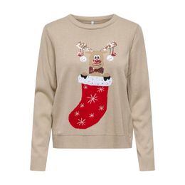 Only Damen Only Weihnachtspullover &raquo;ONLXMAS SHINE LS ONECK KNT&laquo; Kunstfaser, Weihnachtsmotiv, Pailletten beige S