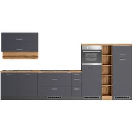 KOCHSTATION K&uuml;chenzeile &raquo;KS-Milan, optional mit Muldenl&uuml;fter&laquo; Breite 390 cm, wahlweise mit E-Ger&auml;ten, Kochfeld mit Dunstabzug grau B/H/T: 390cm x 
