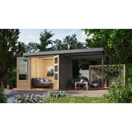 Karibu Gartenhaus &raquo;Jupiterino 2 SET, in verschiedenen Farben&laquo; inkl. Anbaudach, Made in Germany braun Massivholz ohne Fu&szlig;boden, Blechdach
