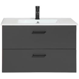 Welltime Waschtisch &raquo;Trento Badezimmerschrank mit Becken&laquo; Badm&ouml;bel in Breite 80 cm , Waschplatz mit 2 Schubladen, Badschrank grau Becken wei&szlig; eckig, B
