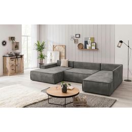 OTTO home Wohnlandschaft &raquo;SHERWOOD Vintage Lederoptik U-Form, 329 cm&laquo; Schlaffunktion m. Bettkasten (194x139 cm), Cord, Vintage, Samtvelours grau 100% 