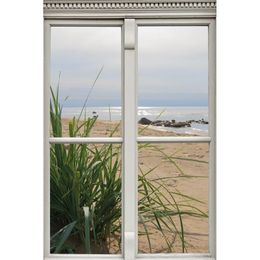 queence Leinwandbild &raquo;Ausblick&laquo; D&uuml;ne Fensterblick Gr&auml;ser Meer Natur 1 Stk. tlg. Premium-Leinwandstoff beige Canvas, Holzrahmen B/H/T: 60cm x 90cm, 