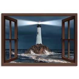 Artland Leinwandbild &raquo;Fensterblick Leuchtturm mit Lichtstrahl&laquo; Geb&auml;ude 1 Stk. tlg. auf Holzrahmen gespannt braun Leinwand B/H/T: 100cm x 70cm, Leinwandbild 