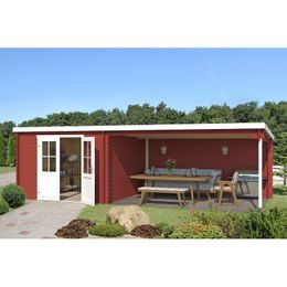 Lasita Maja Gartenhaus &raquo;St. Louis&laquo; Blockbohlenhaus 28mm, mit Anbau rot Massivholz ohne Fu&szlig;boden, R&uuml;ckwand, ohne Dacheindeckung