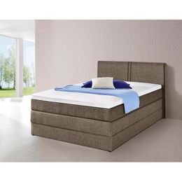 Hapo Boxspringbett mit Bettkasten braun Kopfteil, seitliche Unterbox und Obermatratze sind mit pflegeleichtem Feinstrukturstoff in Leinenoptik (100% 