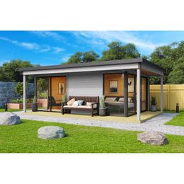 Lasita Maja Gartenhaus &raquo;Domeo 3 Loggia&laquo; mit &Uuml;berdachung, Position der Zwischenwand flexibel grau Massivholz Fu&szlig;boden im Gartenhaus, ohne R&uuml;ck- und 