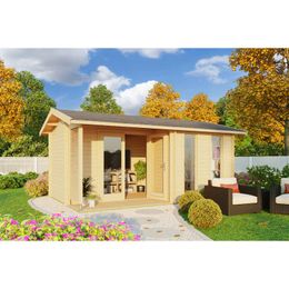 Lasita Maja Gartenhaus &raquo;Riverside&laquo; Blockbohlenhaus 28mm, mit Terrasse beige Massivholz Fu&szlig;boden im Gartenhaus, ohne Dacheindeckung