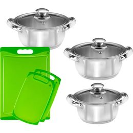 King Topf-Set &raquo;EDELSTAHL&laquo; Set, 3 T&ouml;pfe &Oslash; 16/18/20 cm inkl. Glasdeckel, 3 Schneidbretter, 9 Stk. tlg. Edelstahl gr&uuml;n Einheitsgr&ouml;&szlig;e