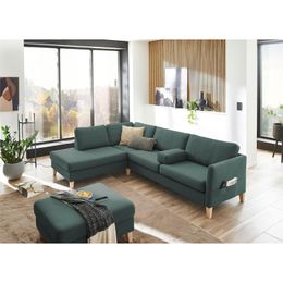 ATLANTIC HOME COLLECTION Ecksofa &raquo;Mailo L-Form&laquo; mit Seitentaschen und Ottomane, mit Massivholzf&uuml;&szlig;en gr&uuml;n B/H/T: 255cm x 82cm, Feinstruktur, Ottomane 