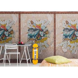 Livingwalls living walls Fototapete gemustert matt neutral glatt Graffiti Steinwand Tapeten Wohnzimmer Schlafzimmer K&uuml;che Design Optik braun Vinyl, Vlies B/L: 