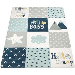 Paco Home Kinderteppich &raquo;Chicos 554&laquo; rechteckig 2 mm H&ouml;he Flachgewebe, mit Schriftzug & Regenbogen oder Sternen, Pastell-Farben blau Polyester B : 120cm 1 Stk.,