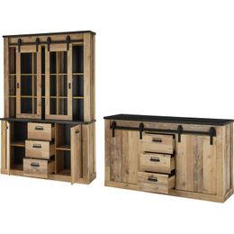 Home Affaire Wohnwand &raquo;Sherwood, Anbauwand im Industrial-Style, Komplettset, Wohnzimmer-Set&laquo; 2 Stk. tlg. braun B/H/T: 315cmcm x 201cmcm x 43cmcm