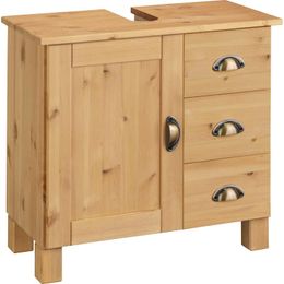 Home Affaire Waschbeckenunterschrank &raquo;Oslo&laquo; Kiefer, 1 T&uuml;r und 3 Schubk&auml;sten, Breite 60 cm, H&ouml;he 55 cm beige MDF, Massivholz beize wax, B/H/T: 60cm x 