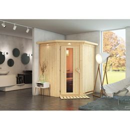 Karibu Sauna &raquo;&raquo;Liyah&laquo; mit Energiespart&uuml;r Kranz naturbelassen&laquo; in verschiedenen Ausf&uuml;hrungen erh&auml;ltlich beige ohne Ofen, ohne Steuerung, (ohne Ofen)
