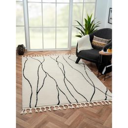 MyFlair Hochflor-Teppich &raquo;Moroccan Handwrite&laquo; rechteckig 24 mm H&ouml;he modern, marokkanisches Design, flauschig weich, mit Fransen schwarz-wei&szlig; Polyester, 