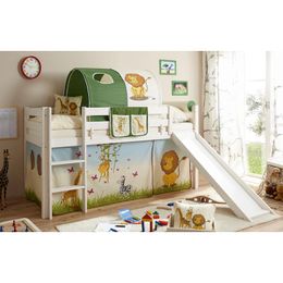 Ticaa Hochbett &raquo;Manuel&laquo; mit Rollrost in verschied. Ausf&uuml;hrungen wahlweise mit Matratze, wei&szlig; beige Mit Vorhang, Tunnel und Tasche, Liegefl&auml;che B/L: 90cm x 