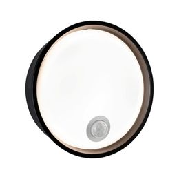 Paulmann LED Au&szlig;en-Wandleuchte &raquo;Platomo IP44 rund 180mm 3000K 14,5W 1200lm 230V Kunststoff&laquo; 1 Stk. Warmwei&szlig; Bewegungsmelder seewasserresistent schwarz 1, &Oslash; 