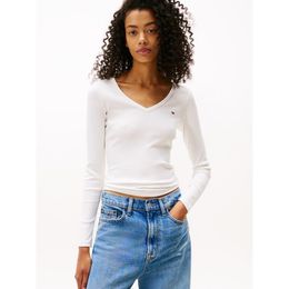 Tommy Jeans Damen Langarmshirt &raquo;TJW SLIM ESSENTIAL RIB V LS&laquo; mit Logostickerei beige L (42/44)