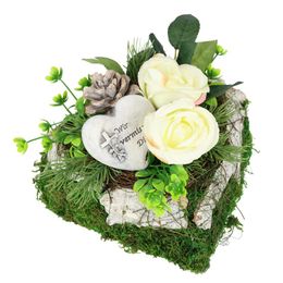 OTTO home Kunstblume &raquo;Gesteck mit Rosen und Gedenkherz auf Herz-Pflanzschale&laquo; Dekoratives Herzgesteck mit Herzstein und wei&szlig;en Kunstrosen B/H/L: 18cm 