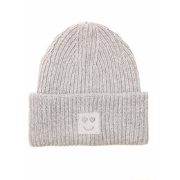 Zwillingsherz Damen Strickm&uuml;tze &raquo;Smile&laquo; Grobstrick, Smile Patch grau Einheitsgr&ouml;&szlig;e