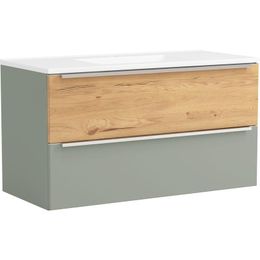 Welltime Waschtisch &raquo;TRIENT, Softclose-Ausz&uuml;ge, Mineralgussbecken&laquo; schilfgr&uuml;n/wildeiche, Mineralgussbecken gr&uuml;n B/H/T: 100cm x 54cm x 47cm