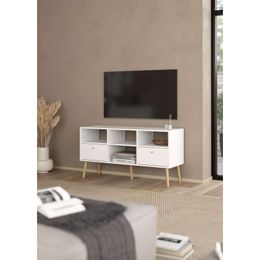 Home Affaire TV-Board &raquo;Bodo TV-M&ouml;bel, TV-Unit, Mediam&ouml;bel, Regal&laquo; 2 Schubladen und 4 offene F&auml;cher, Beine und Griffe aus Massivholz wei&szlig; Holzwerkstoff