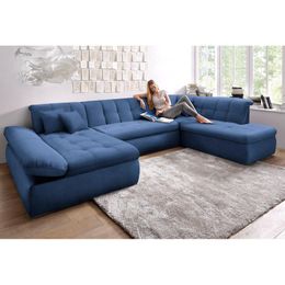 DOMO collection Wohnlandschaft &raquo;NMORIC im XXL-Format, 353x216x80 cm, inkl. Zierkissen U-Form&laquo; wahlweise mit Bettfunktion und Armlehnenverstellung blau