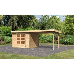 Karibu Gartenhaus &raquo;Schlo&szlig;see 3&laquo; terragrau oder natur, mit Anbaudach beige Holzwerkstoff ohne Fu&szlig;boden, ohne Dacheindeckung