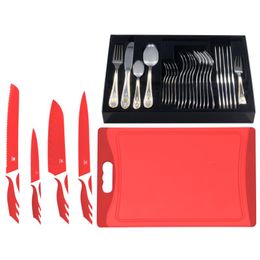 King Besteck-Set &raquo;&raquo;BAS GOLD&laquo;&laquo; mit Dekor in Gold-Optik, inkl. Etui, 4 K&uuml;chenmesser, 1 Schneidebrett rot Edelstahl 18/0 36 Stk.
