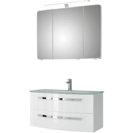 Badm&ouml;bel-Set &raquo;Serie 4005, vormontiert, Glaswaschbecken, Spiegelschrank&laquo; Set, 3 Stk. tlg. wei&szlig; Holzwerkstoff B/H/T: 920cmcm x 2.000cmcm x 491cmcm