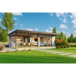 Lasita Maja Gartenhaus &raquo;DOMEO 10&laquo; mit Anbau grau Massivholz Fu&szlig;boden im Gartenhaus, ohne R&uuml;ck- und Seitenwand, ohne Dacheindeckung