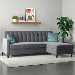 Ecksofa &raquo;Celine, L-Form,&laquo; mit Bett-Funktion und Stauraum. Recamiere beidseitig montierbar grau Veloursstoff 100% Polyester B/H/T: 213cm x 83cm x 154cm