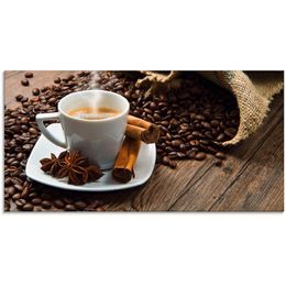 Artland Glasbild &raquo;Kaffeetasse Leinensack mit Kaffeebohnen&laquo; Getr&auml;nke 1 Stk. tlg. in verschiedenen Gr&ouml;&szlig;en braun B/H/T: 60cm x 30cm, Glasbild Getr&auml;nke, 1 Stk.