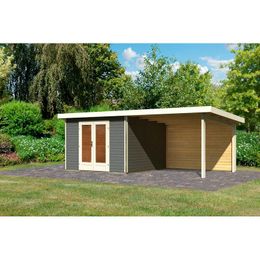 Konifera Gartenhaus &raquo;Rabensee 1&laquo; mit Anbaudach 3,30 m, R&uuml;ckwand, terragrau grau Massivholz Einheitsgr&ouml;&szlig;e