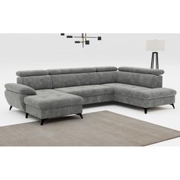 COTTA Wohnlandschaft &raquo;Hudson U-Form, B: 324 cm&laquo; mit Kopfteilverstellung, optional Schlaffunktion & Bettkasten grau B/H/T: 324cm x 207cm, Struktur 