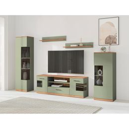 OTTO home Wohnwand &raquo;Ribe: 5‐teilig, Oberplatte aus Massivholz, viel Stauraum, Trendfarbe&laquo; 5 Stk. tlg. gr&uuml;n Holzwerkstoff, Massivholz Einheitsgr&ouml;&szlig;e