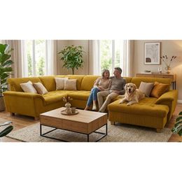 OTTO home Wohnlandschaft &raquo;Egedal 352 x 214 cm, auch mit Schlaffunktion & Bettkasten, Holzf&uuml;&szlig;e&laquo; Kopfteile verstellbar, U-Form, aus Pet Friendly Cord 90