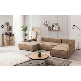 OTTO home Wohnlandschaft &raquo;SHERWOOD Vintage Lederoptik U-Form, 329 cm&laquo; Schlaffunktion m. Bettkasten (194x139 cm), Cord, Vintage, Samtvelours beige 100%