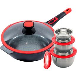 King Bratpfanne &raquo;Click-Grip&laquo; Aluminiumguss Set, 3 &Oslash;17.5 &Oslash;14.5cm &Oslash;12cm mit Deckeln, 1 Pfanne &Oslash;32cm mit Glasdeckel, 8 Stk. tlg. Induktion, mit 
