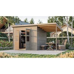 Karibu Gartenhaus &raquo;"Merseburg 6" vorvergraut mit Anbaudach&laquo; aus Fichtenholz, farbig lasiert grau Holzwerkstoff ohne Fu&szlig;boden, ohne R&uuml;ck- und Seitenwand