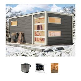 Konifera Saunahaus &raquo;Hagen&laquo; Set, terragrau, mit Ofen 9 kW Bio externe Steuerung easy grau Bio-Ofen, externe Steuerung, 9 kW
