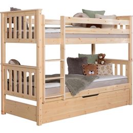 Ticaa Etagenbett &raquo;Sammy, umbaubar zu 2 Einzelbetten, edles Design im Landhausstil&laquo; 90x200cm, inklusive Schubkasten, 2x Rollrost, zertifiziertes Massivholz 
