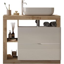 Welltime Waschtisch &raquo;Hamburg&laquo; 2 Schubk&auml;sten, Breite 92 cm, Soft-Close, inkl. Keramik-Aufsatzbecken braun Korpus Schubkastenelement: Weiss Melamin,