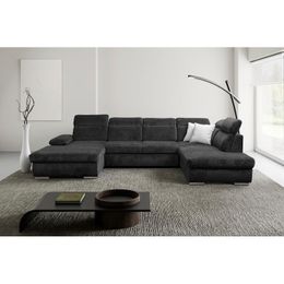 WERK2 Wohnlandschaft &raquo;Cordoba 359 x 232 cm inkl. Bett modern und bequem&laquo; Struktur weich, U-Form, XXL, Schlaffunktion, Bettkasten grau 100% Polyester B
