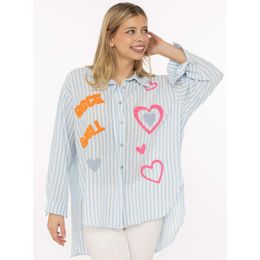 Zwillingsherz Damen Hemdbluse &raquo;"Rock n' Roll Patches"&laquo; gestreift, l&auml;nger geschnitten, auffallende Teddy-Patches, Knopfleiste Einheitsgr&ouml;&szlig;e