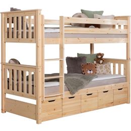 Ticaa Etagenbett &raquo;Sammy&laquo; 90x200cm, mit Stauraum, umbaubar zu 2 Einzelbetten, Rollrost, Massivholz beige Mit Bettschubk&auml;sten &raquo;Maria&laquo;, Liegefl&auml;che B/L: 90cm x