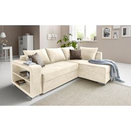 Collection AB Ecksofa &raquo;John L-Form, B: 226 cm&laquo; Schlaffunktion, Bettkasten, Regalelement & 2 Zierkissen, Federkern beige Microfaser PRIMABELLE (100% 